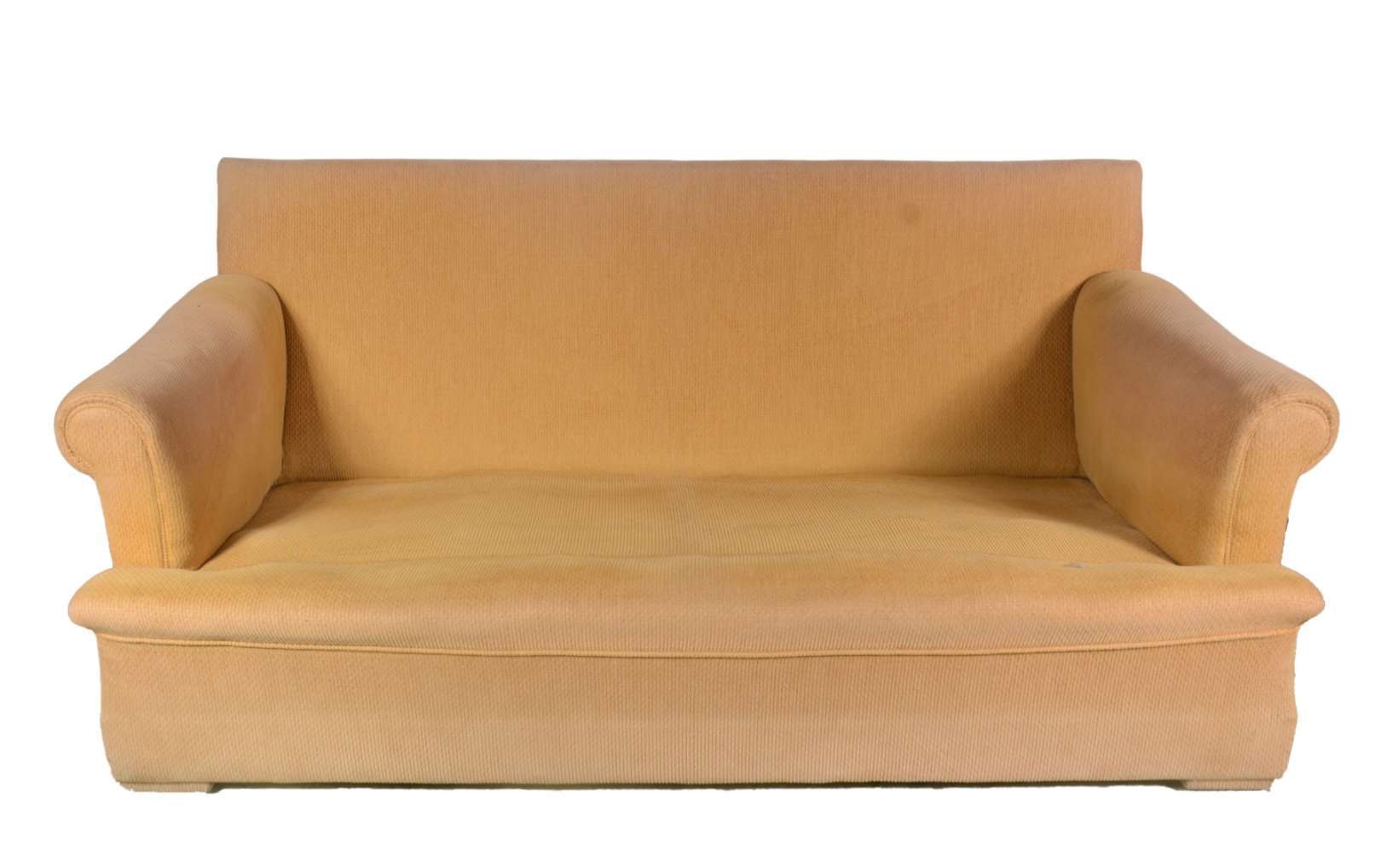 Sofá estofado e forrado em tecido na cor mostar... - Galeria Alphaville