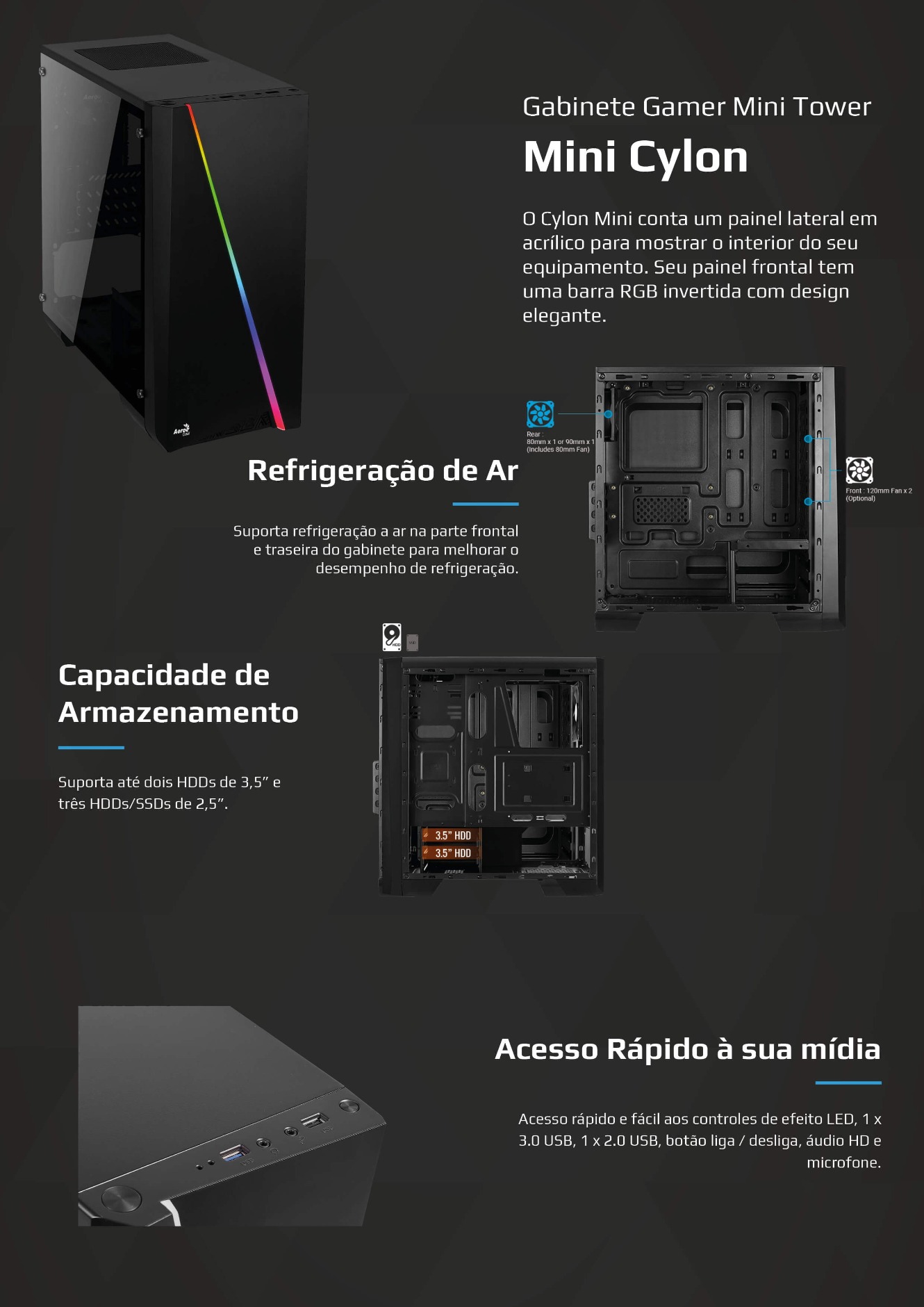 Gabinete Gamer Mini Tower RGB Mini Cylon Preto AEROCOOL - Hayamax