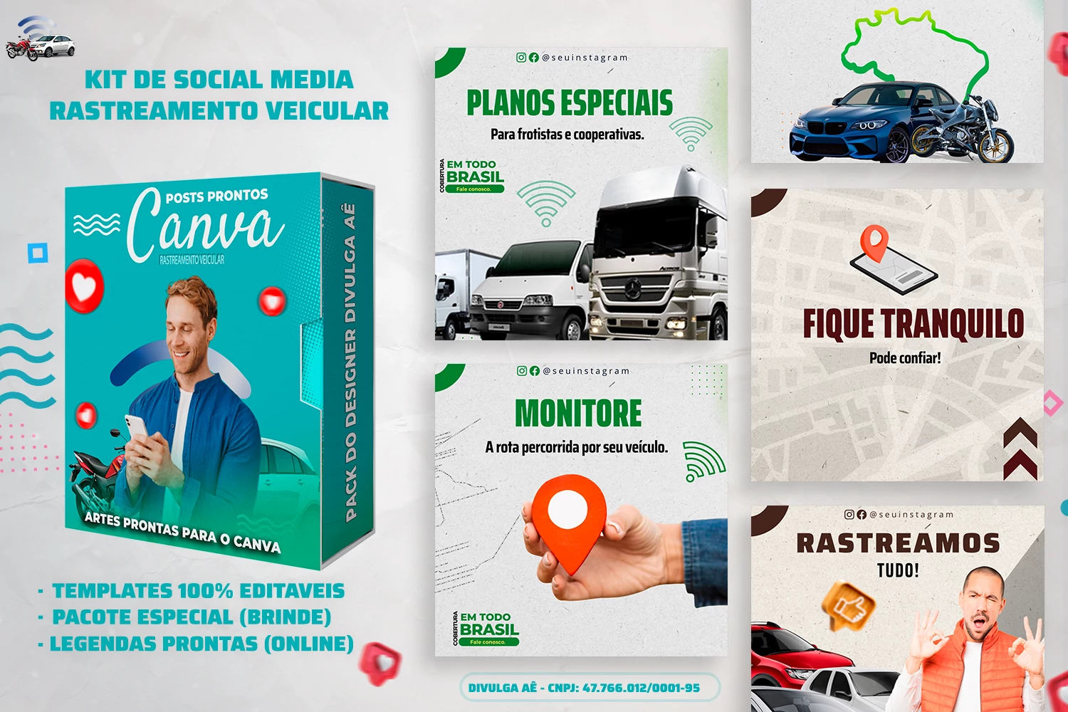 Pack de Posts Prontos com Legendas para o Canva - Rastreamento Veicular - Divulga Aê