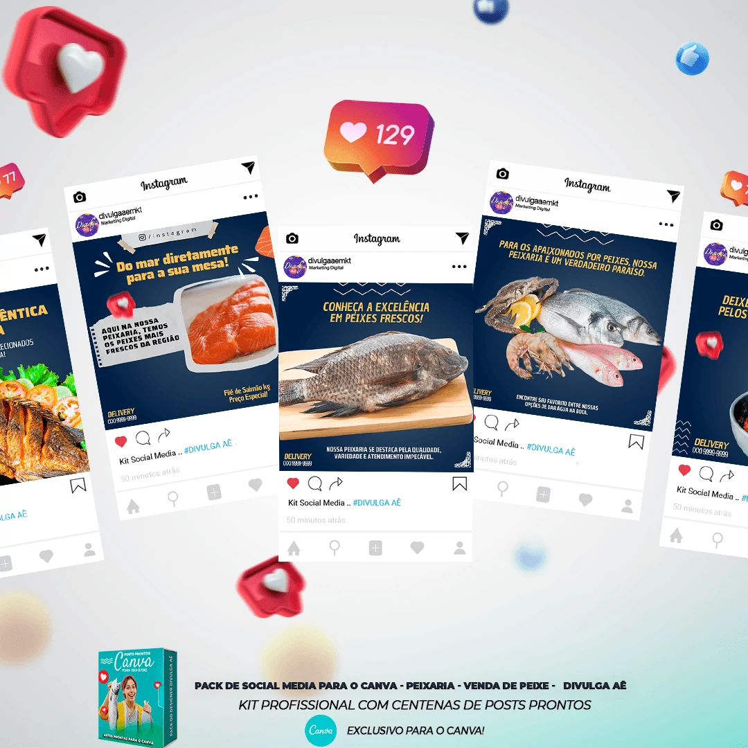 Pack de Posts Prontos para o Canva - Venda de Peixe e Frutos do Mar ...