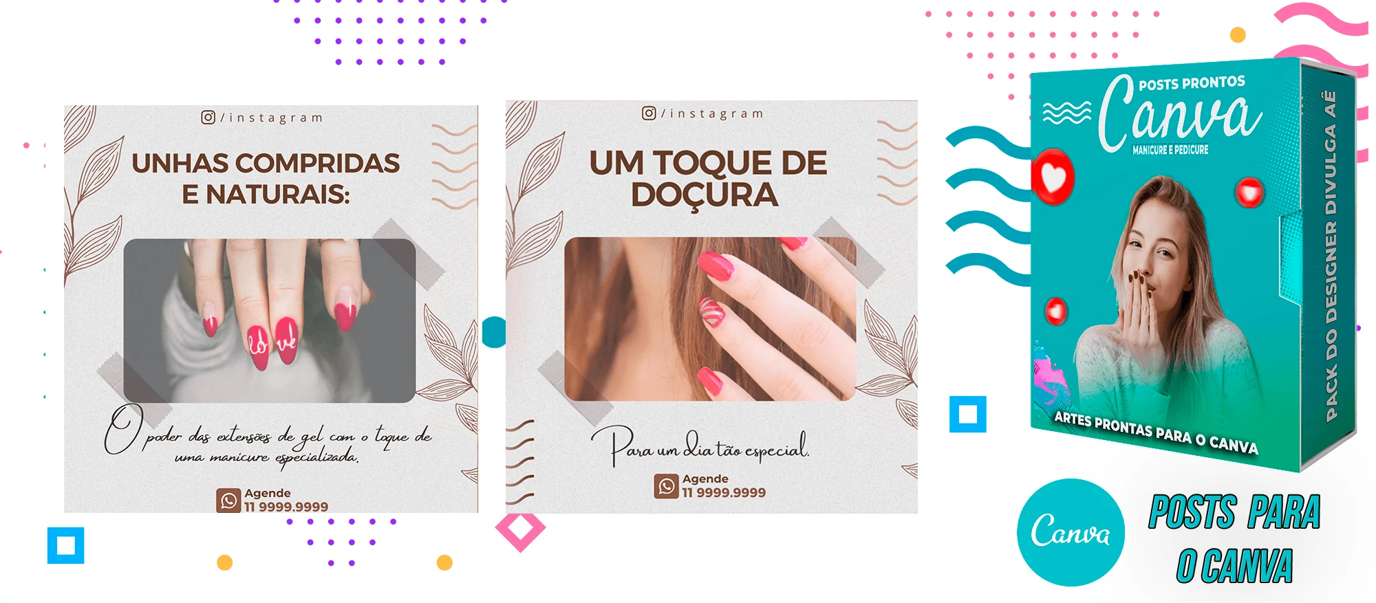 Pack de Posts Prontos com Legendas - Manicure e Pedicure no Canva - Divulga Aê