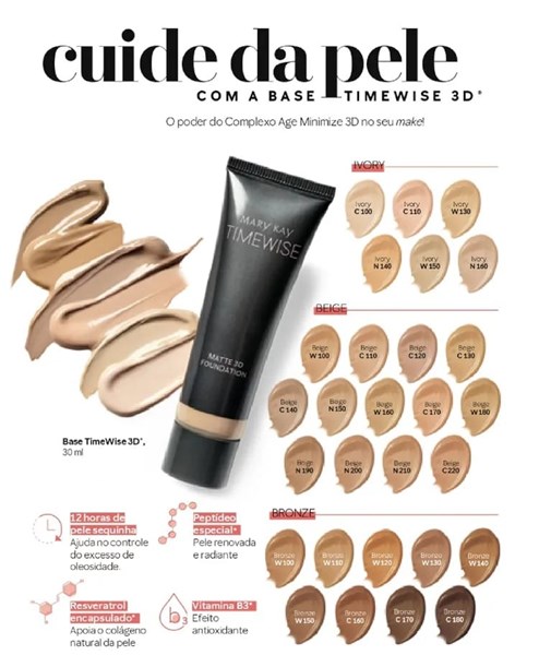 MARY KAY BASE TIMEWISE MATTE 3D IVORY C100 30ML - Macherie Beleza