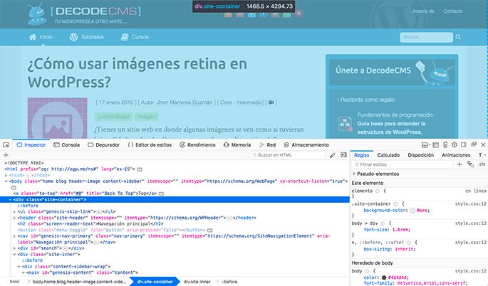 Usar el Inspector de código para modificar un theme WordPress - DecodeCMS