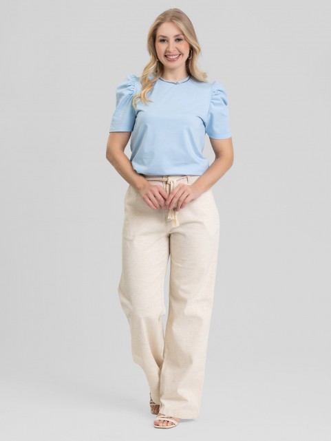 Blusa Feminina Manga Bufante de Algodão Lisa Serena Azul Claro