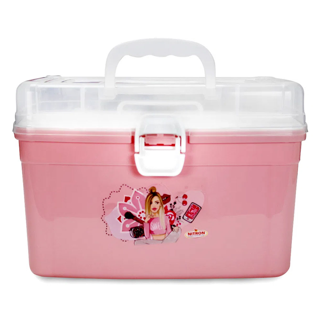 Frasqueira grande com bandeja 19,8 x 28cm de plástico Rosa - Camicado