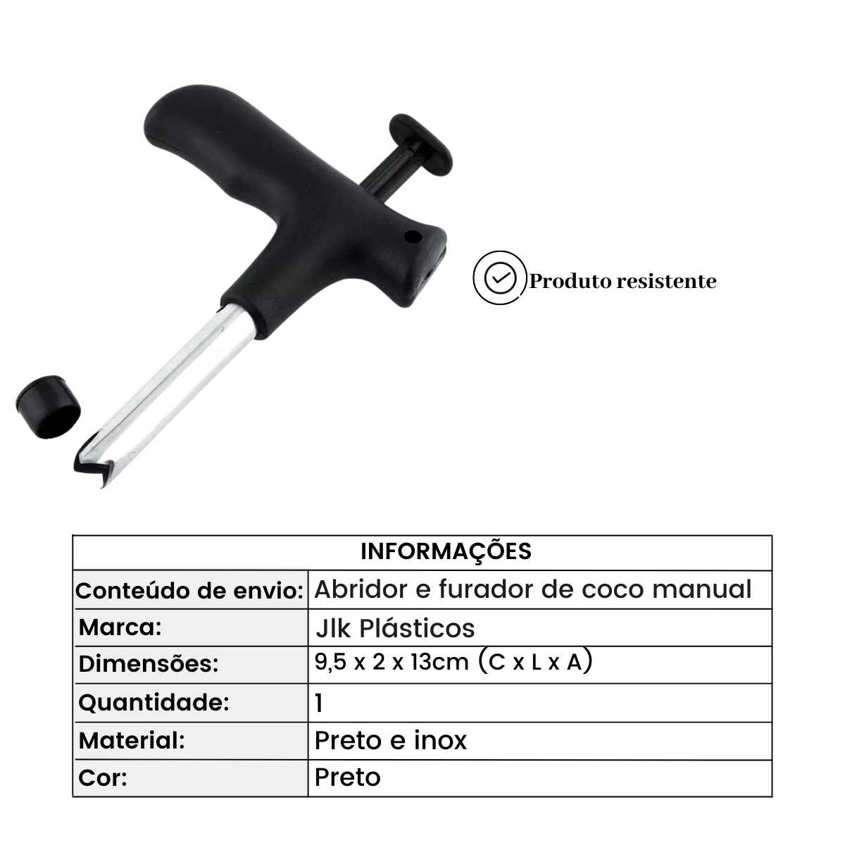 Abridor e furador de coco em aço inox manual 13cm Preto - Camicado
